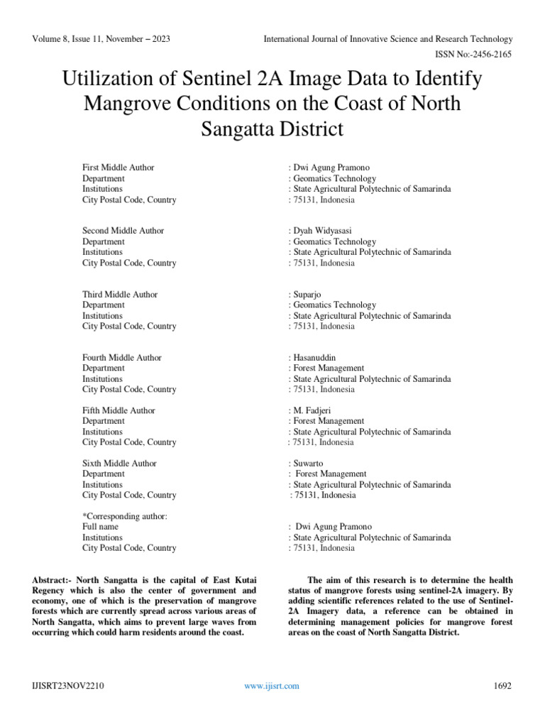 Utilization Of Sentinel 2a Image Data To Identify Mangrove Conditions On The Coast Of North