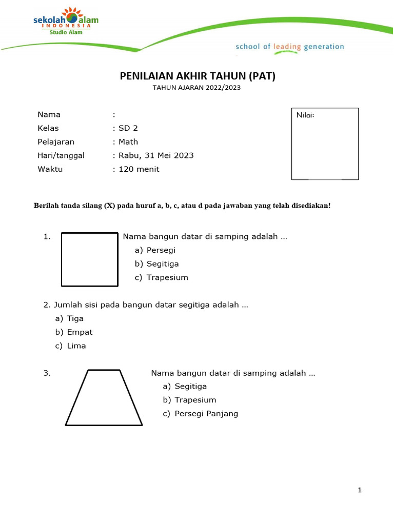 PAT Matematika Kelas SD 2 2023 | PDF