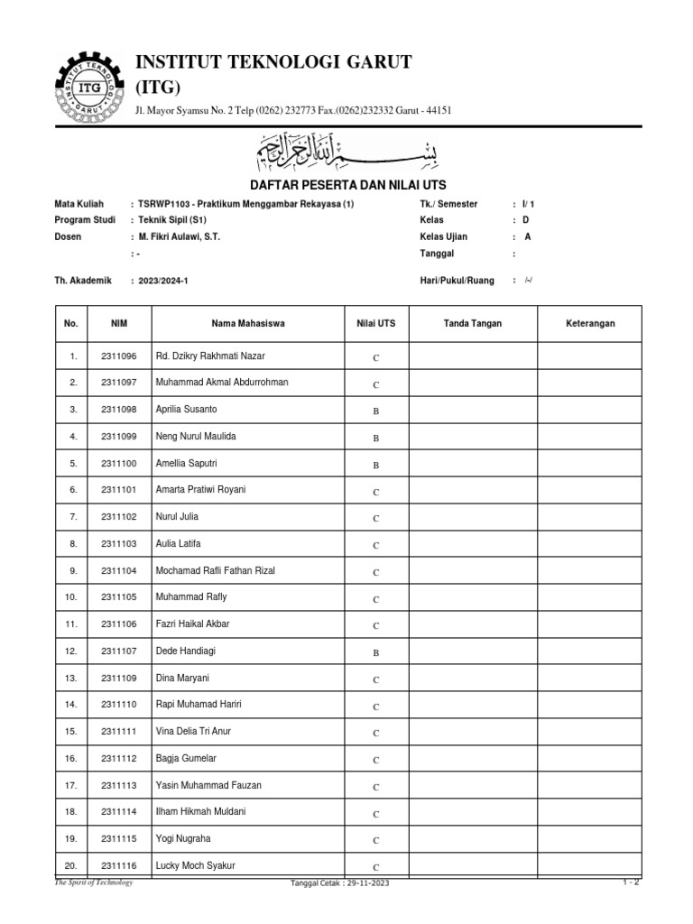 Nilai UTS Kelas D-SMT 1 | PDF
