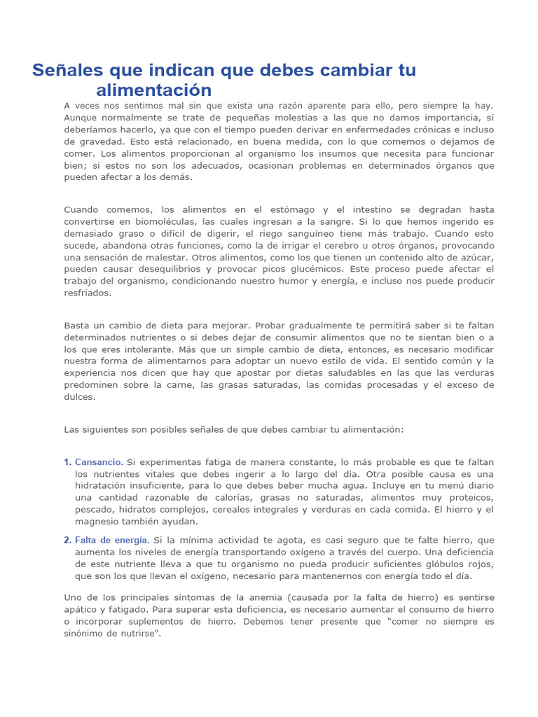 Señales Que Indican Que Debes Cambiar Tu Alimentación | PDF | Alimentos | Dieta