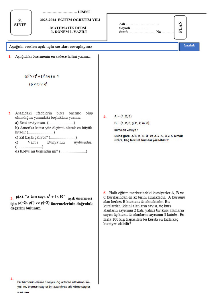 9matematik 1d 1y Sorubak Com | PDF