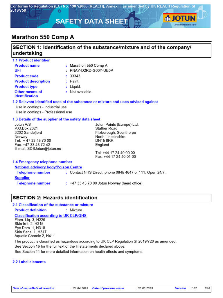 Marathon 550 Comp A Safety Data Sheet | PDF | Personal Protective ...
