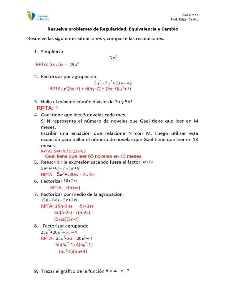 Resuelve Problemas de Regularidad, Equivalencia y Cambio - 8vo | PDF ...