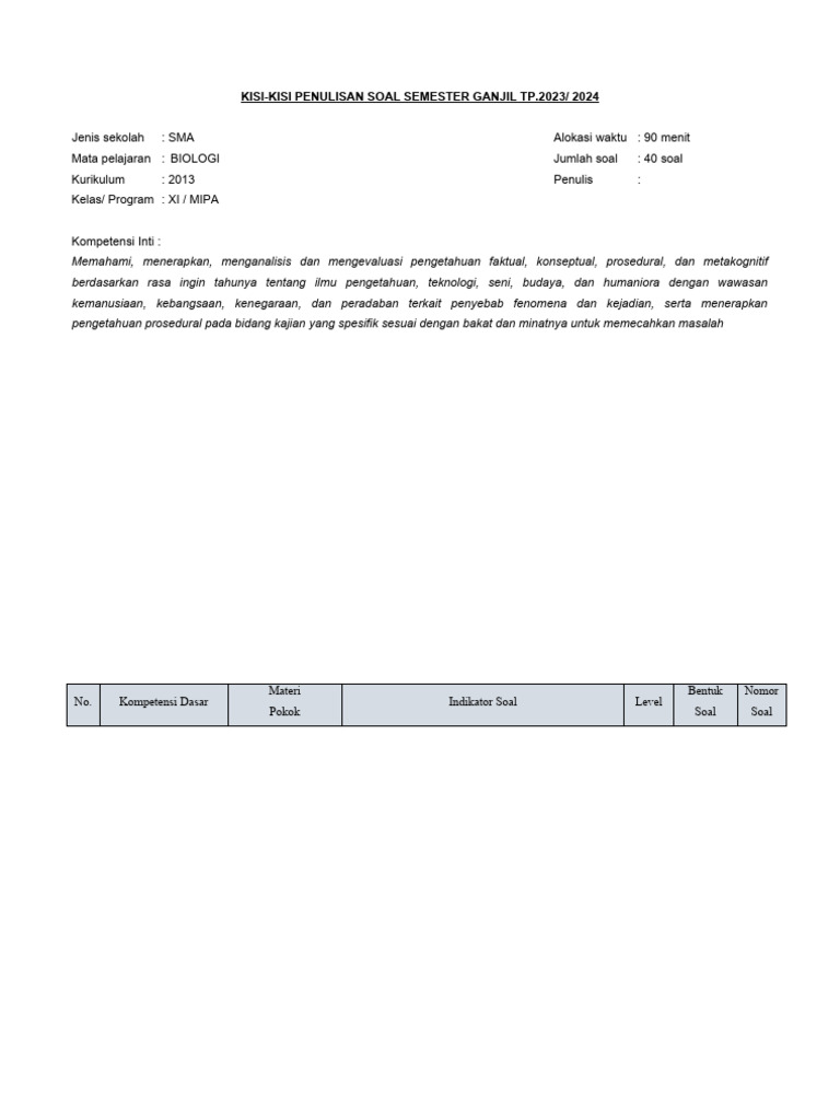 Kisi Soal Biologi Xi Ganjil TP 23.24 | PDF