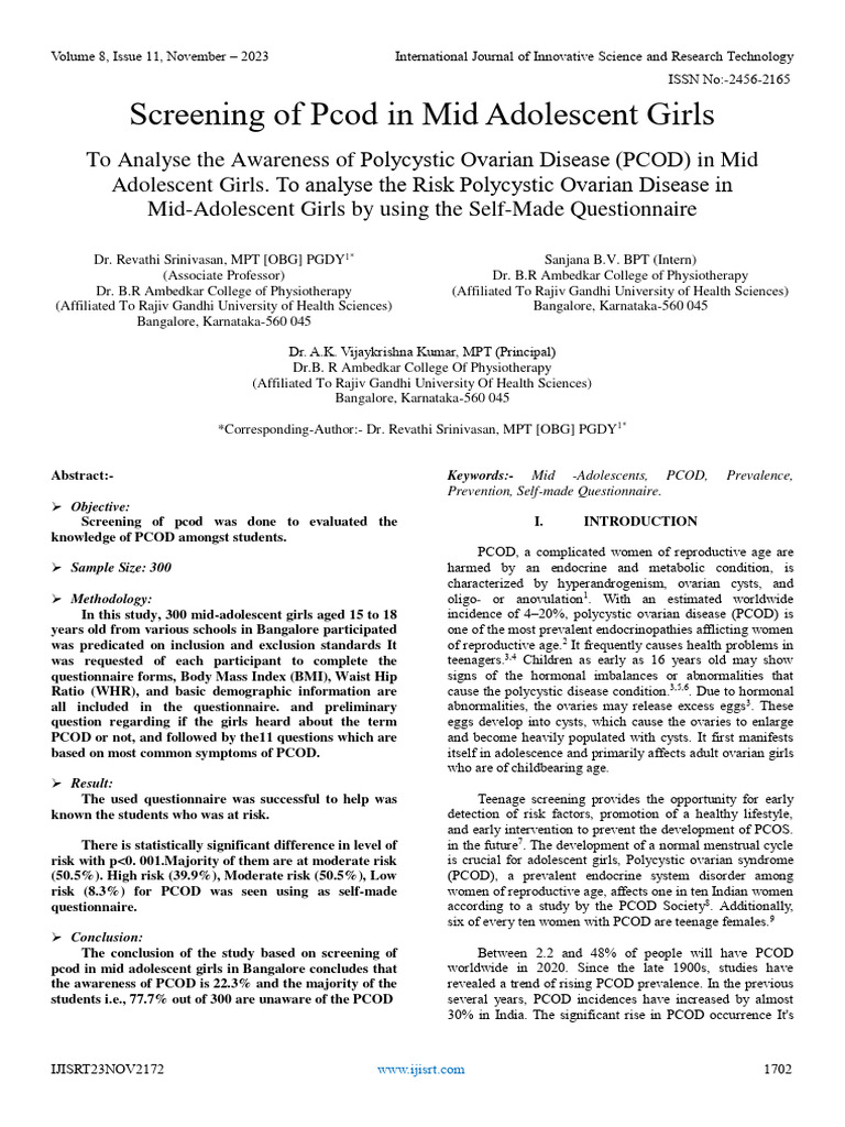Screening of Pcod in Mid Adolescent Girls | PDF | Polycystic Ovary ...
