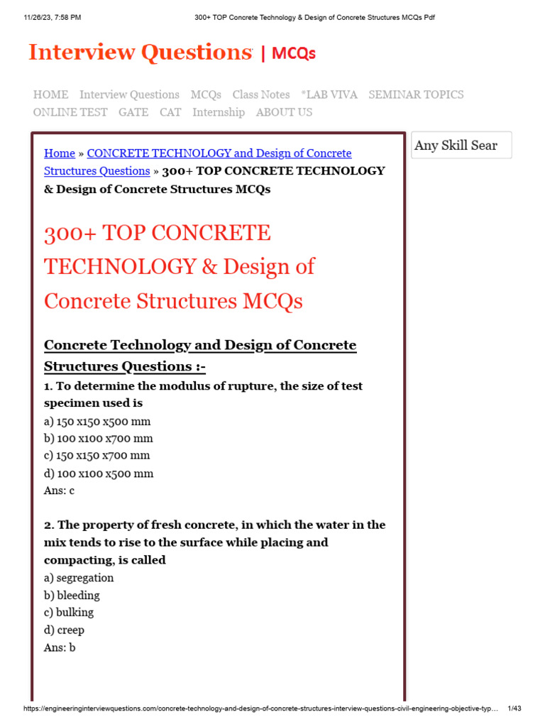 12 Concrete Technology & Design of Concrete Structures MCQs PDF | PDF ...