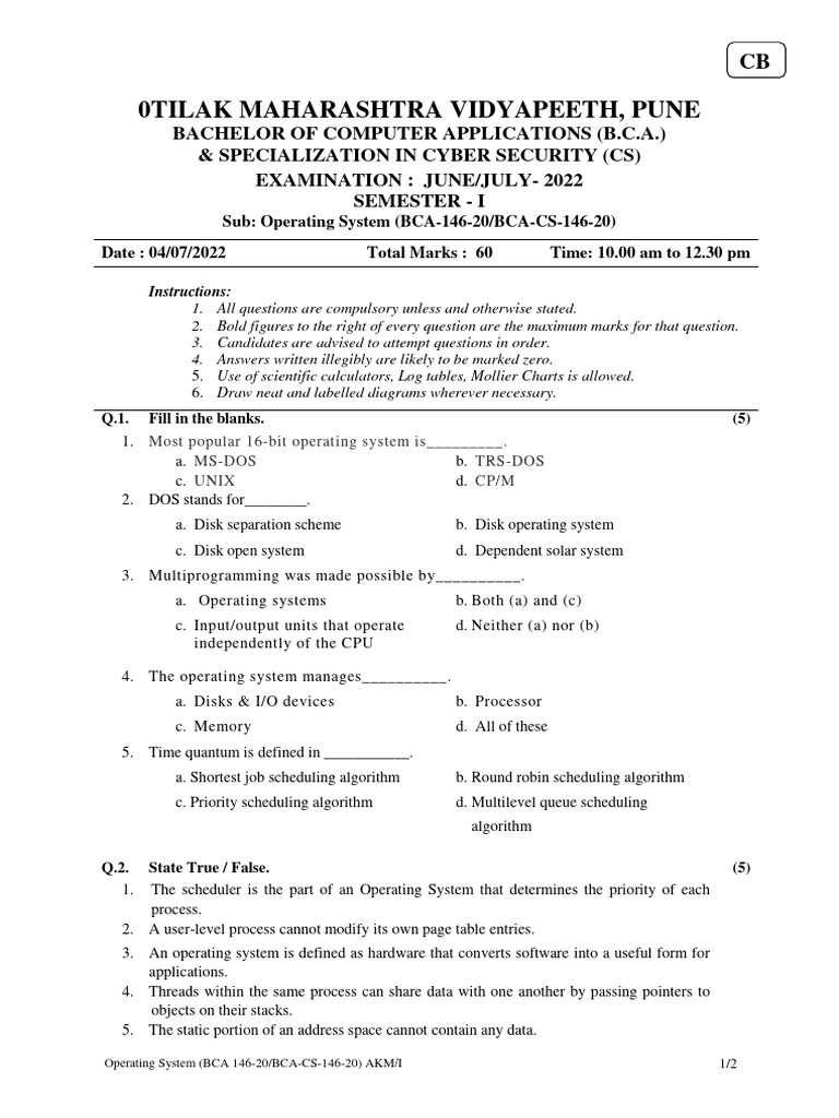 BCA Operating Systems Exam | PDF | Scheduling (Computing) | Operating System