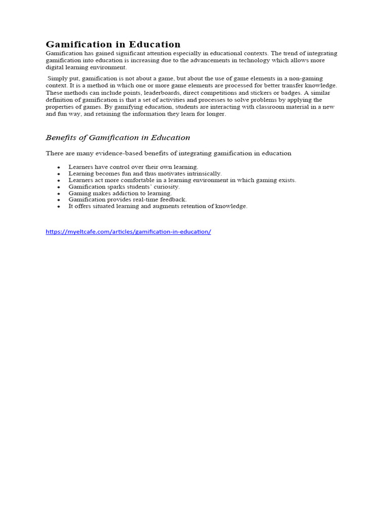 Benefits Of Gamification In Education Pdf Learning Motivation