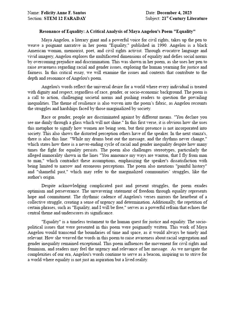 Critical Analysis - Maya Angelou "Equality" | PDF | Poetry | Gender