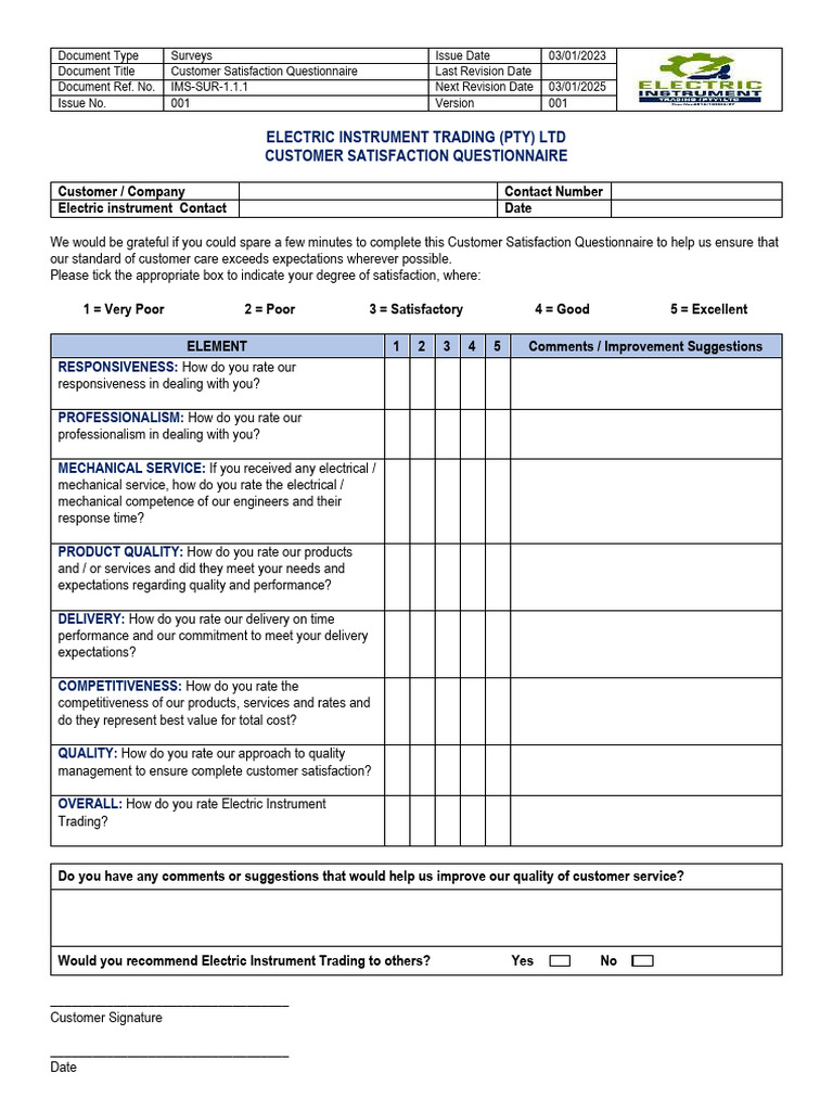 Customer Satisfaction Questionnaire | PDF