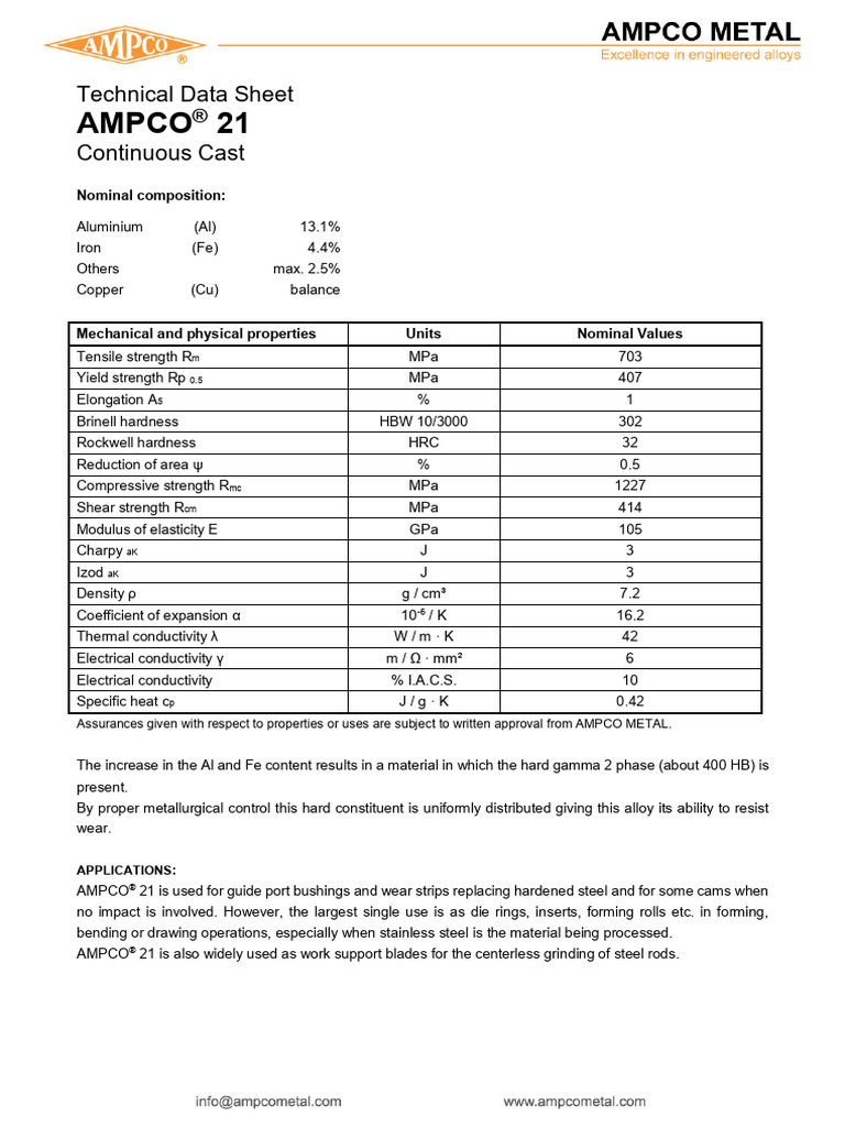 Ampco 21: Technical Data Sheet Continuous Cast | PDF | Strength Of Materials | Steel