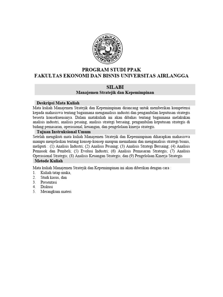 Silabi Manajemen Strategik Dan Kepemimpinan PPAk Gasal 2023 | PDF | Bisnis | Komputer