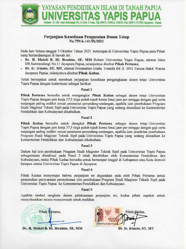 Perjanjian DTY Dr. Ir. Irianto | PDF