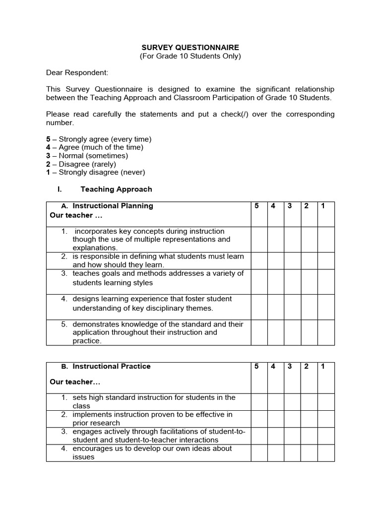 Survey Questionnaire of Teaching Approach | PDF | Learning | Teachers