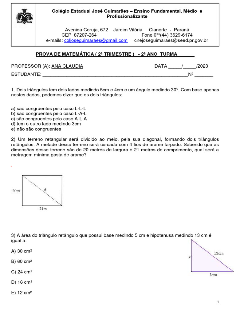 2º Ano - Prova de Matemática - 2º Tri | PDF | Triângulo | Geometria do Plano Euclidiano