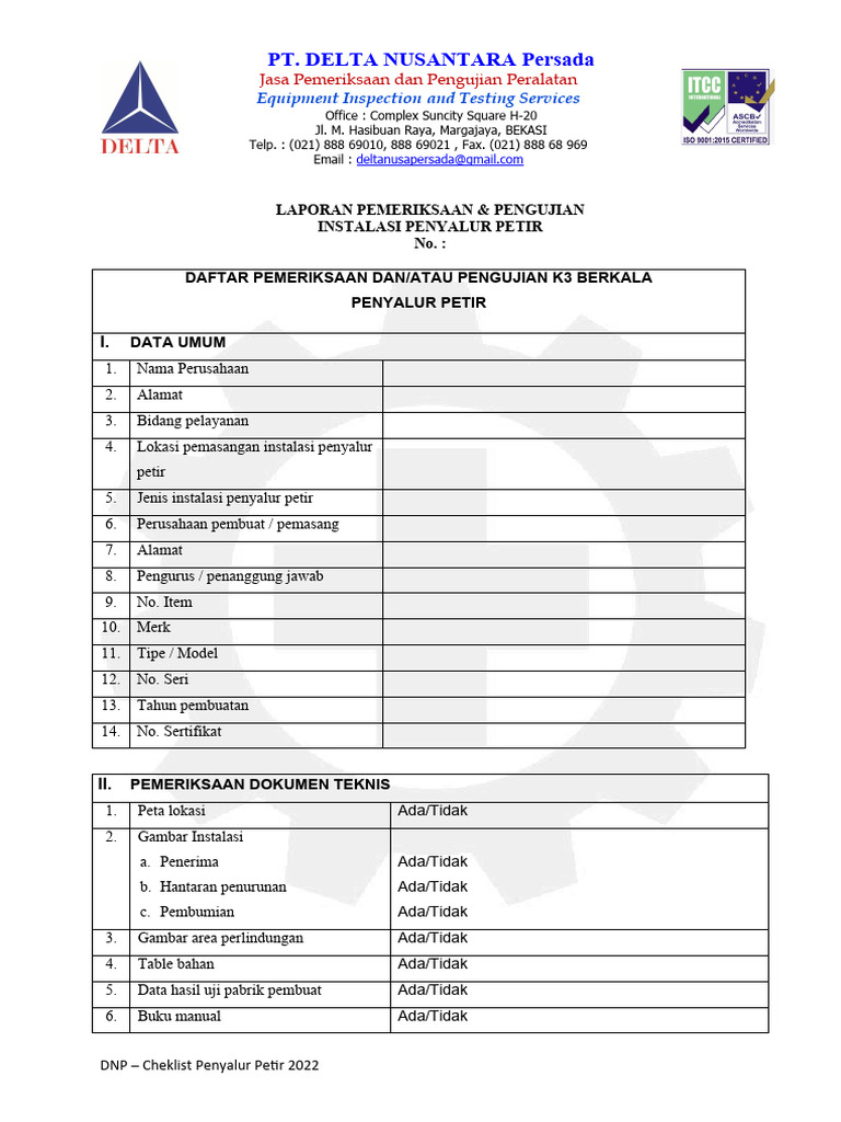 Checklist K3 Penyalur Petir Baru | PDF