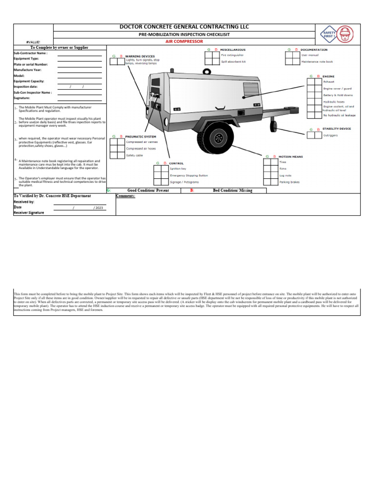 Pre-Mobilization Inspection Checklisit-Aircompressor | PDF | Business ...