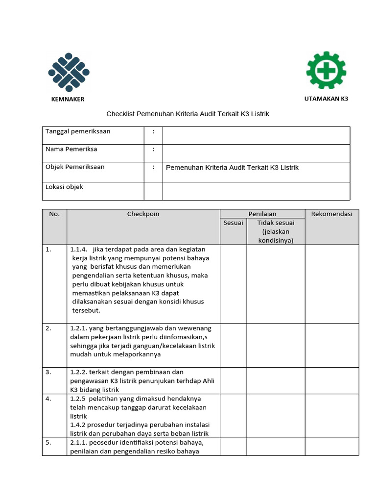 Checklist Audit K3 Listrik | PDF