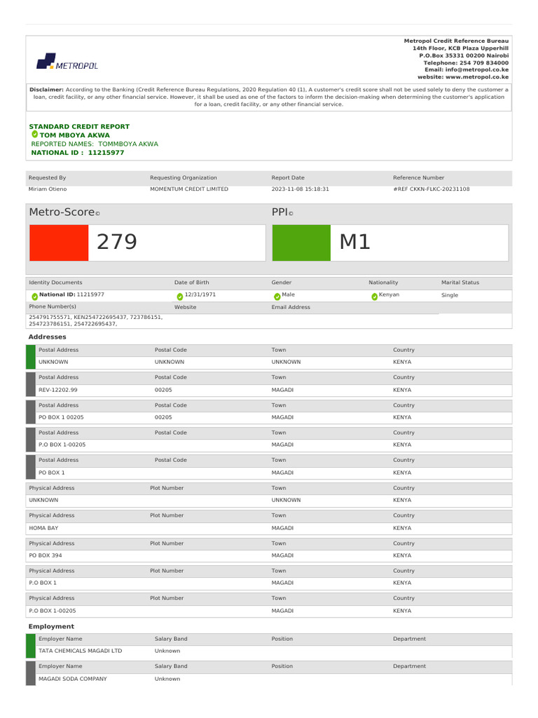 Metro-Score PPI: Standard Credit Report Tom Mboya Akwa NATIONAL ID ...