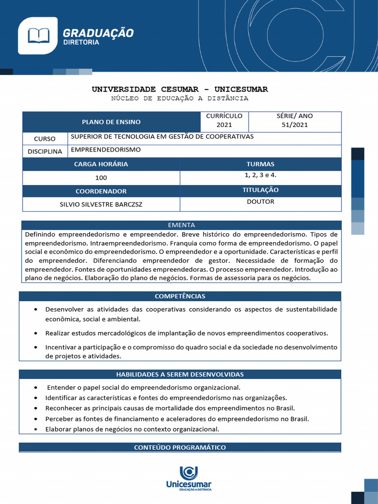 Plano de Ensino - Unicesumar | PDF | Empreendedorismo | Plano de negócios