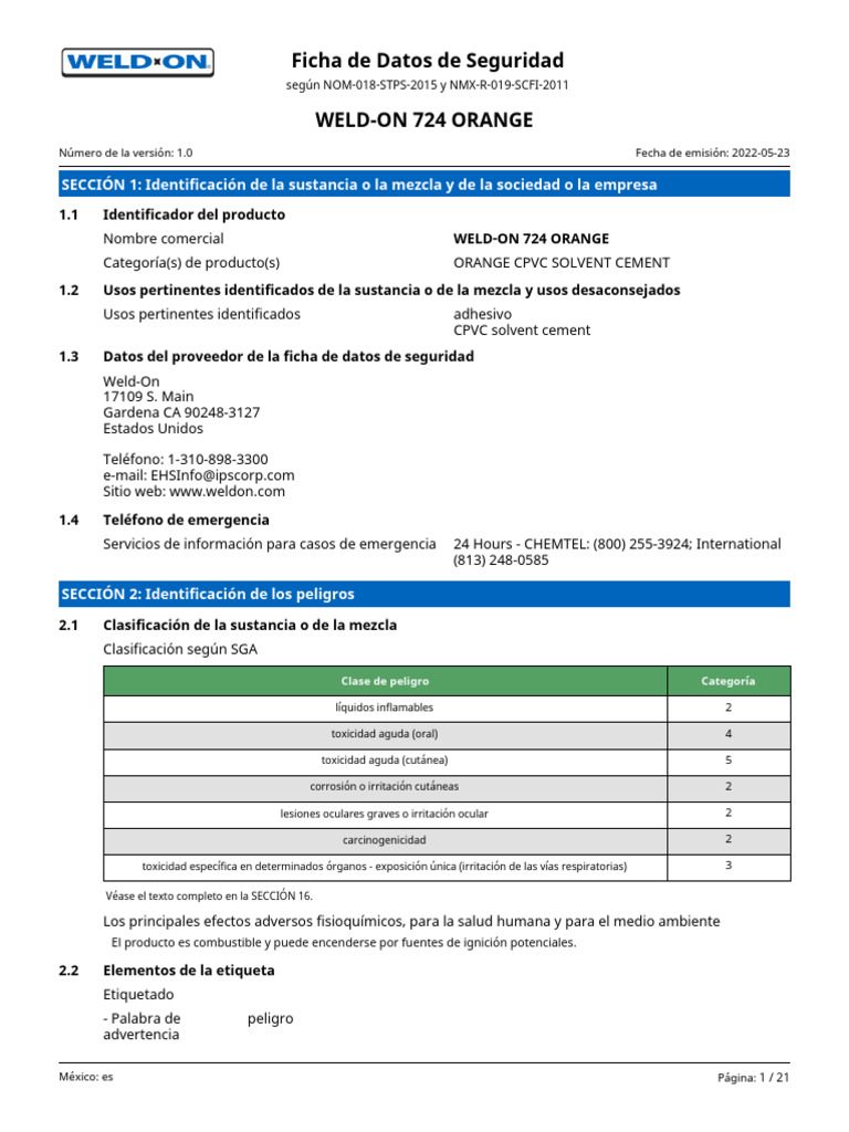 SDS WELD-ON 724 ORANGE MX Es 1 0 | PDF | Química