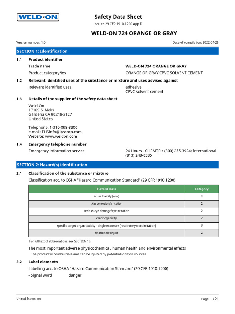 Weld-On 724 Safety Data Sheet | PDF | Toxicity | Waste