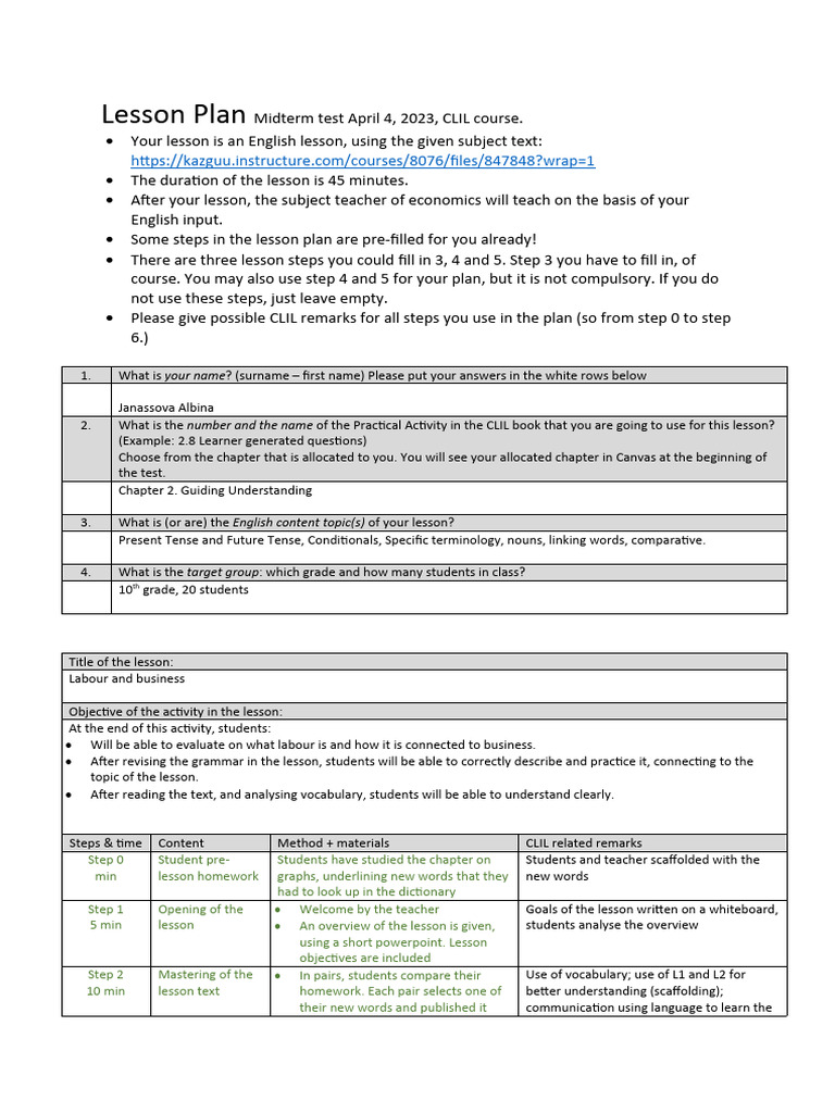 Midterm Test Lesson Plan Templateal | PDF | Second Language | Lesson Plan