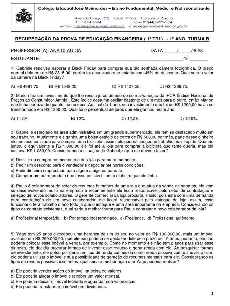 1º Ano - Rec Da Prova Educ - Finan 1º Tri Prof | PDF | Dinheiro | Gestão de recursos humanos