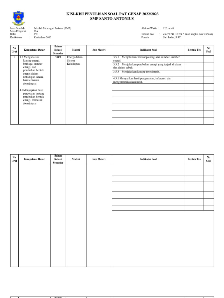 Kisi-Kisi Soal PAT Genap IPA Kelas VII | PDF