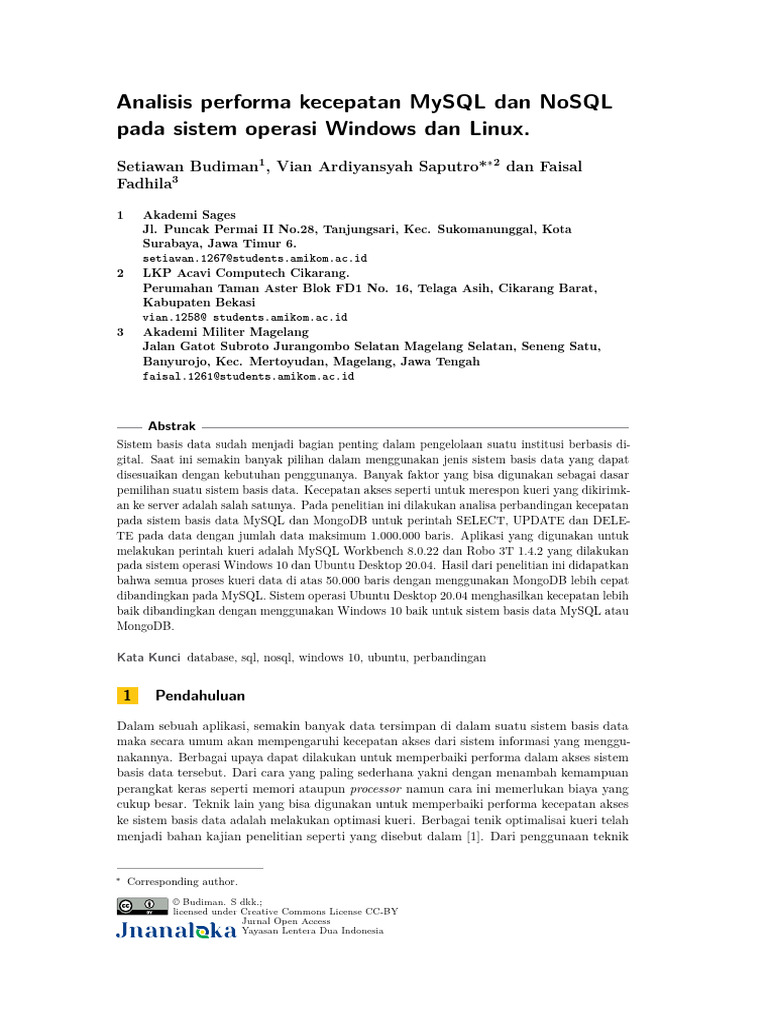 A Analisis Performa Kecepatan MySQL Dan NoSQL Pada | PDF