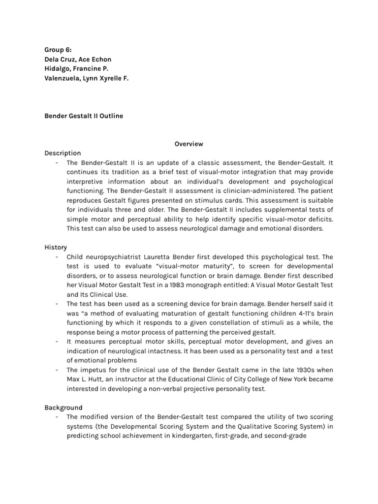 PSY ASSESS - Bender Gestalt II Outline | PDF | Cognition | Neuroscience