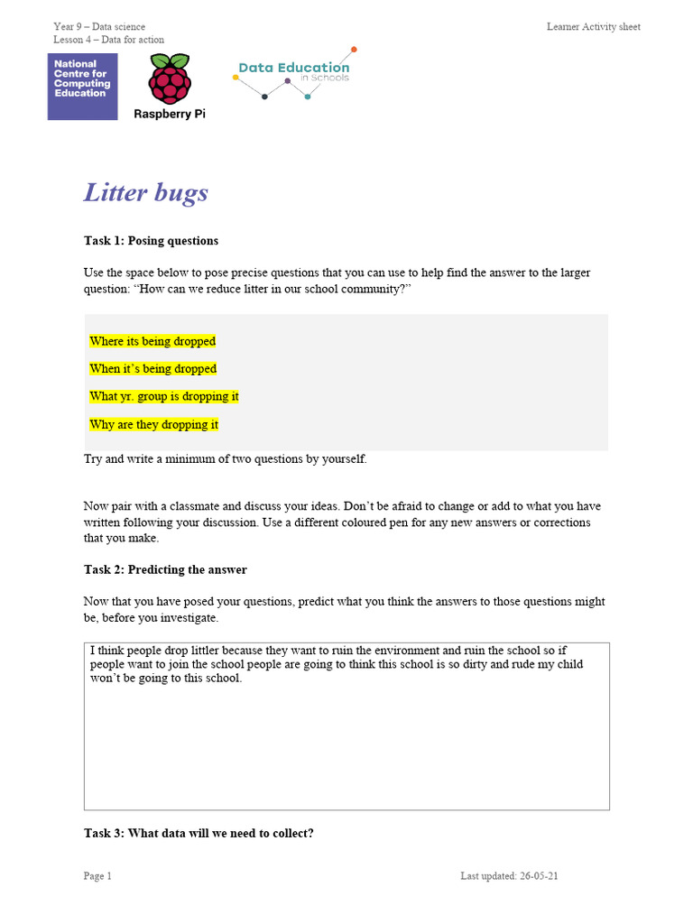 A1 Worksheet - Litter Bugs | PDF | Career & Growth