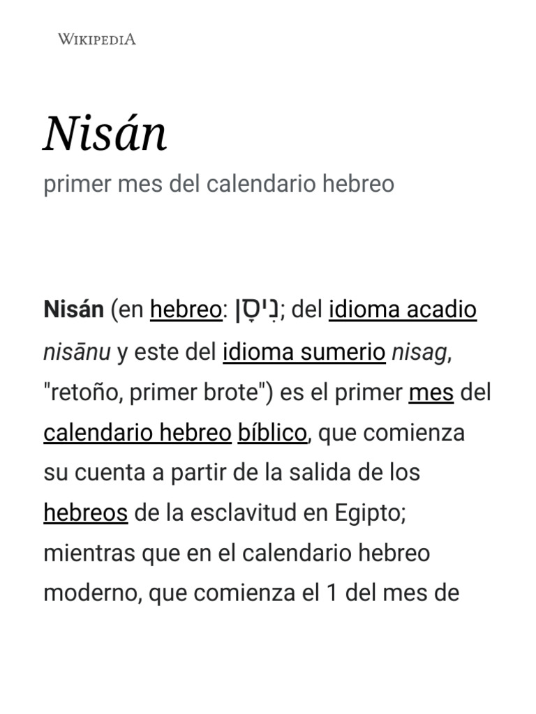 Nisán - Wikipedia, La Enciclopedia Libre | PDF | Nisan | Calendario hebreo