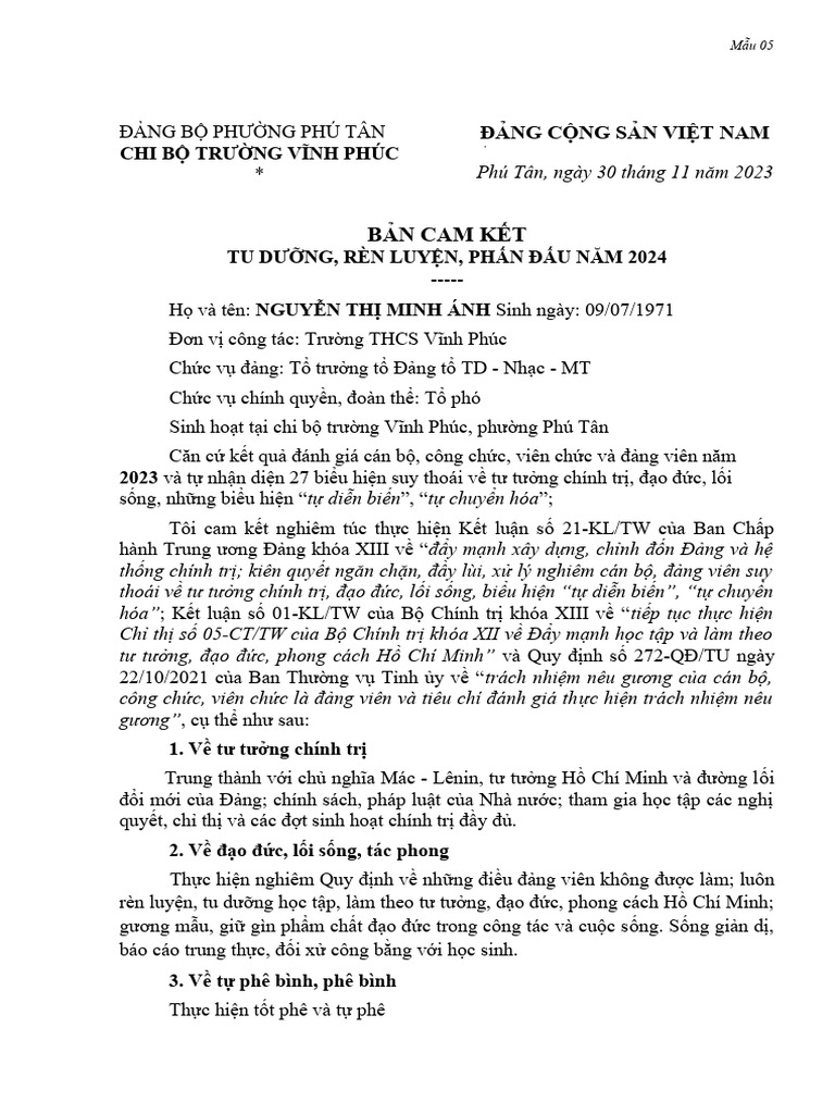 Mau 05 - Ban Cam Ket Tu Duong Ren Luyen Phan Dau Nam 2024 | PDF