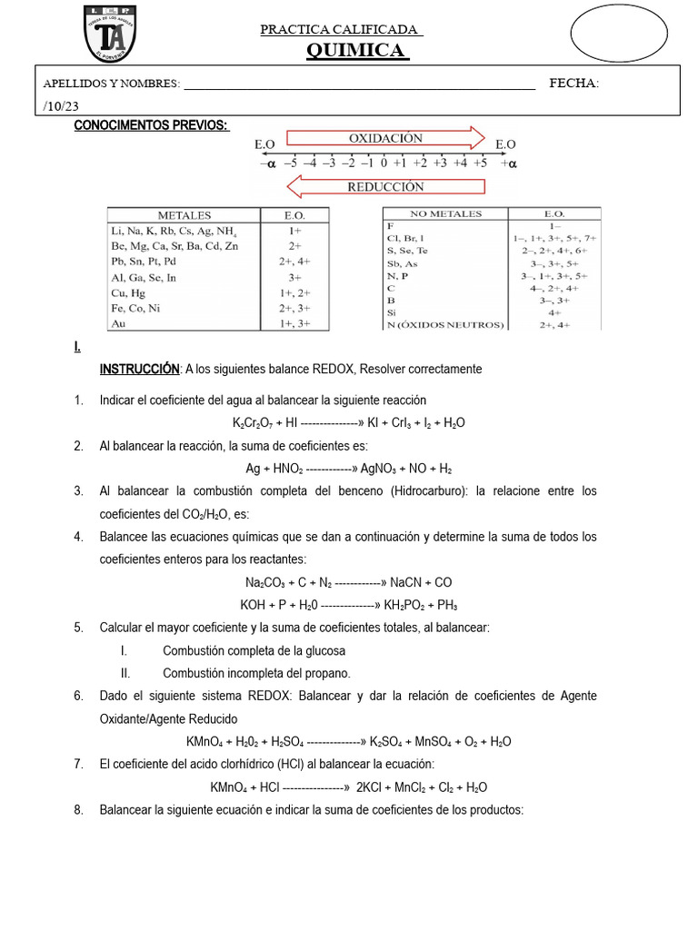 19.10.2023 Practica Calificada Quimica 3ero - Redox Iv Bimestre | Descargar gratis PDF | Redox ...