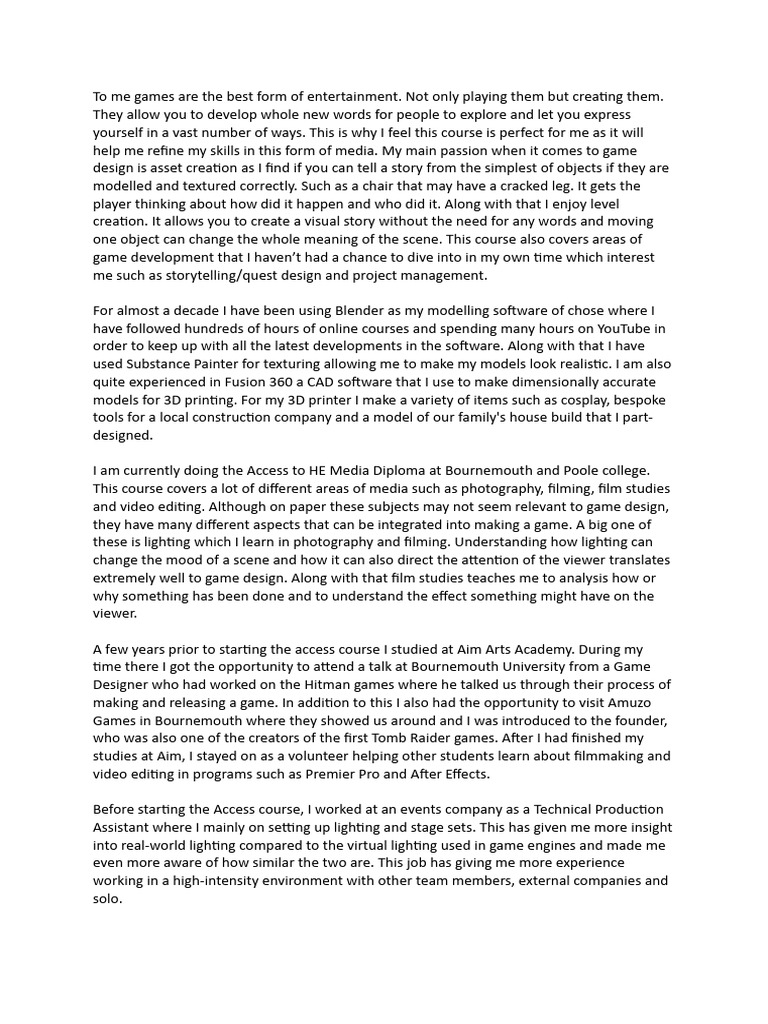 Personal Statement Draft 1 - Elliot Burridge | PDF | 3 D Computer Graphics | 3 D Printing