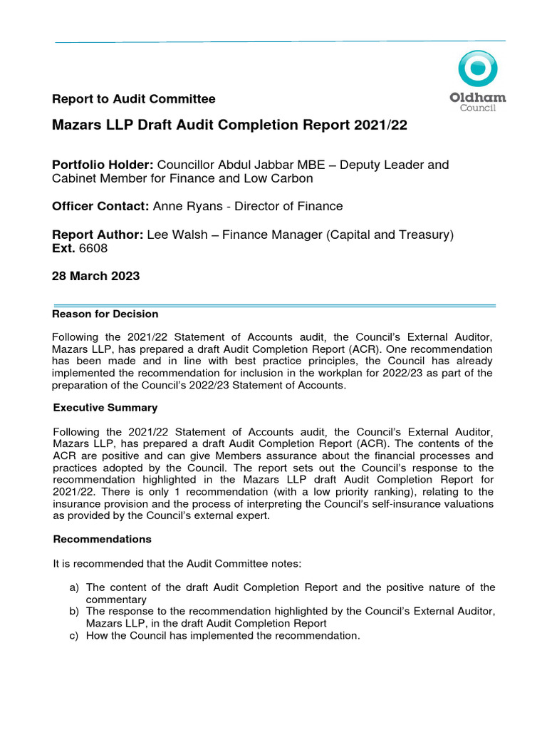 Audit Completion Report | PDF | Valuation (Finance) | Audit