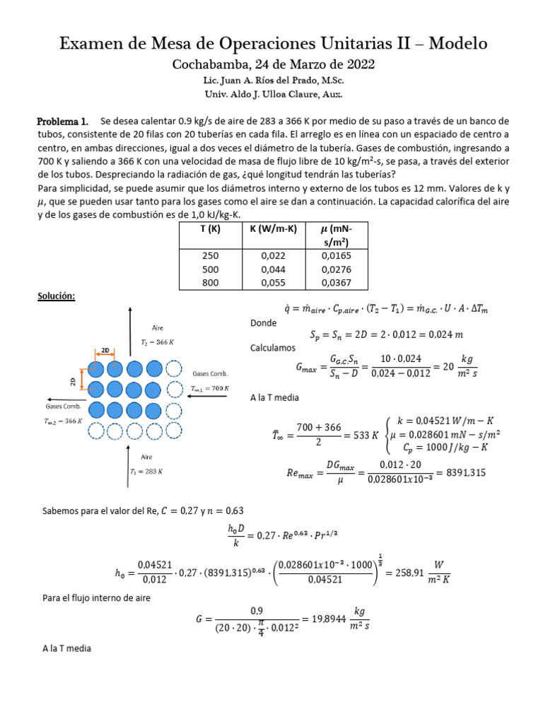 Examen de Mesa de Operaciones Unitarias II I-2022 | PDF | Calor | Ciencias fisicas
