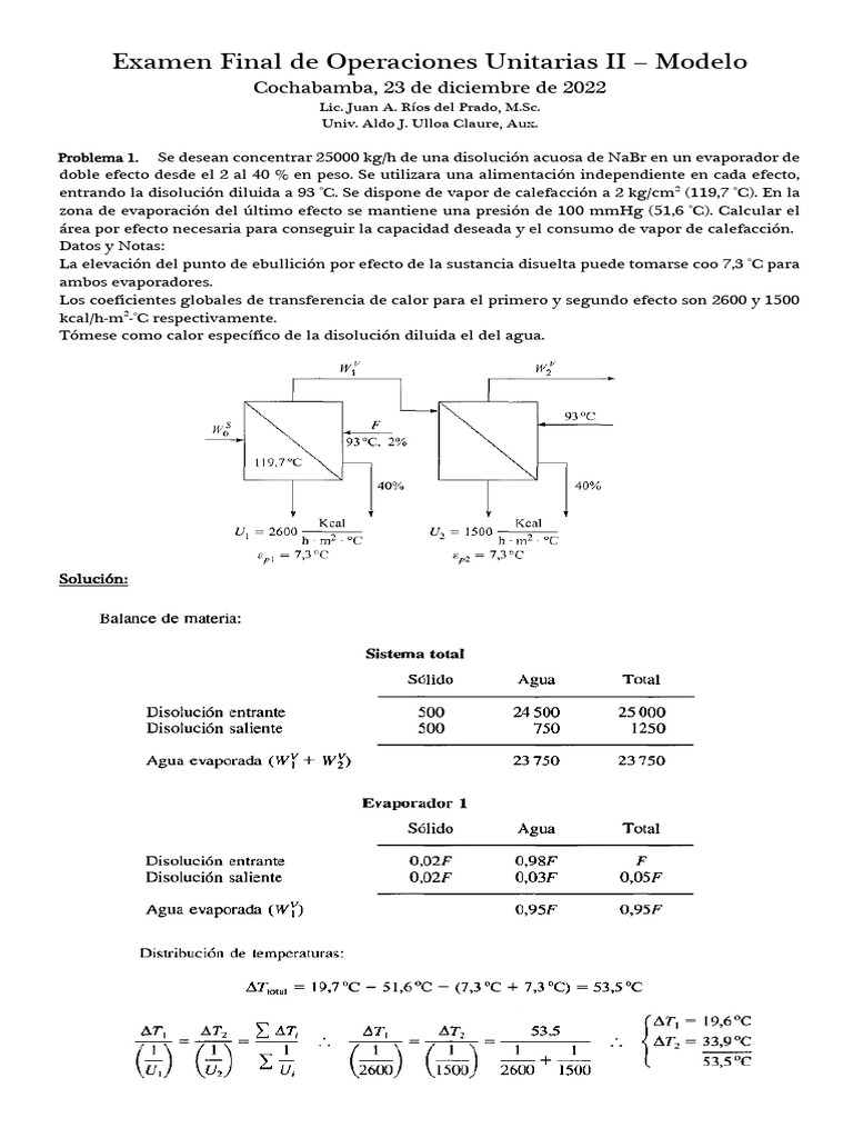 Examen Final de Operaciones Unitarias II II-2022 | PDF | Agua | Calor