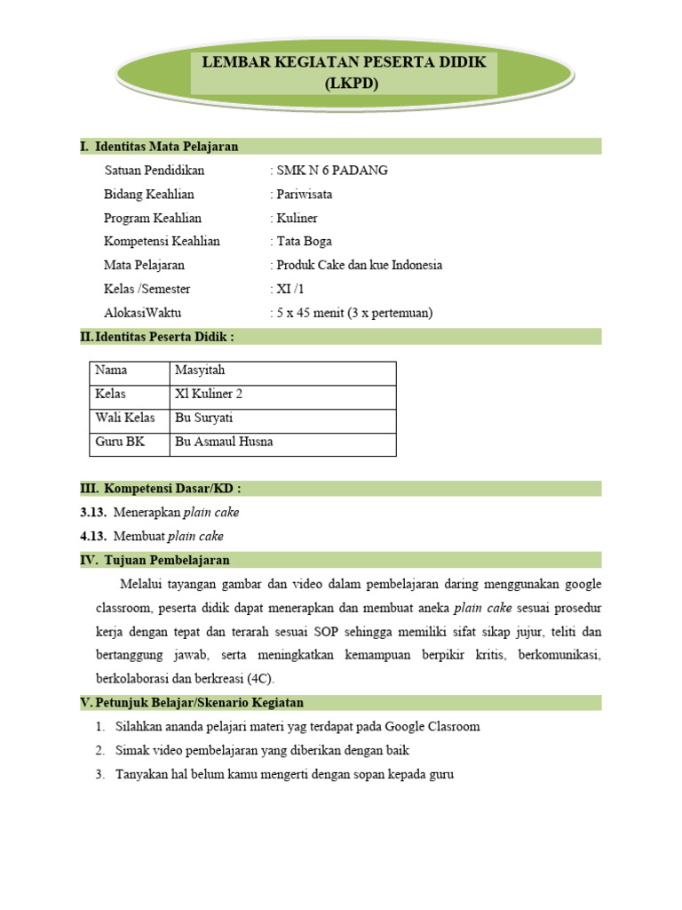 LKPD Plain Cake | PDF