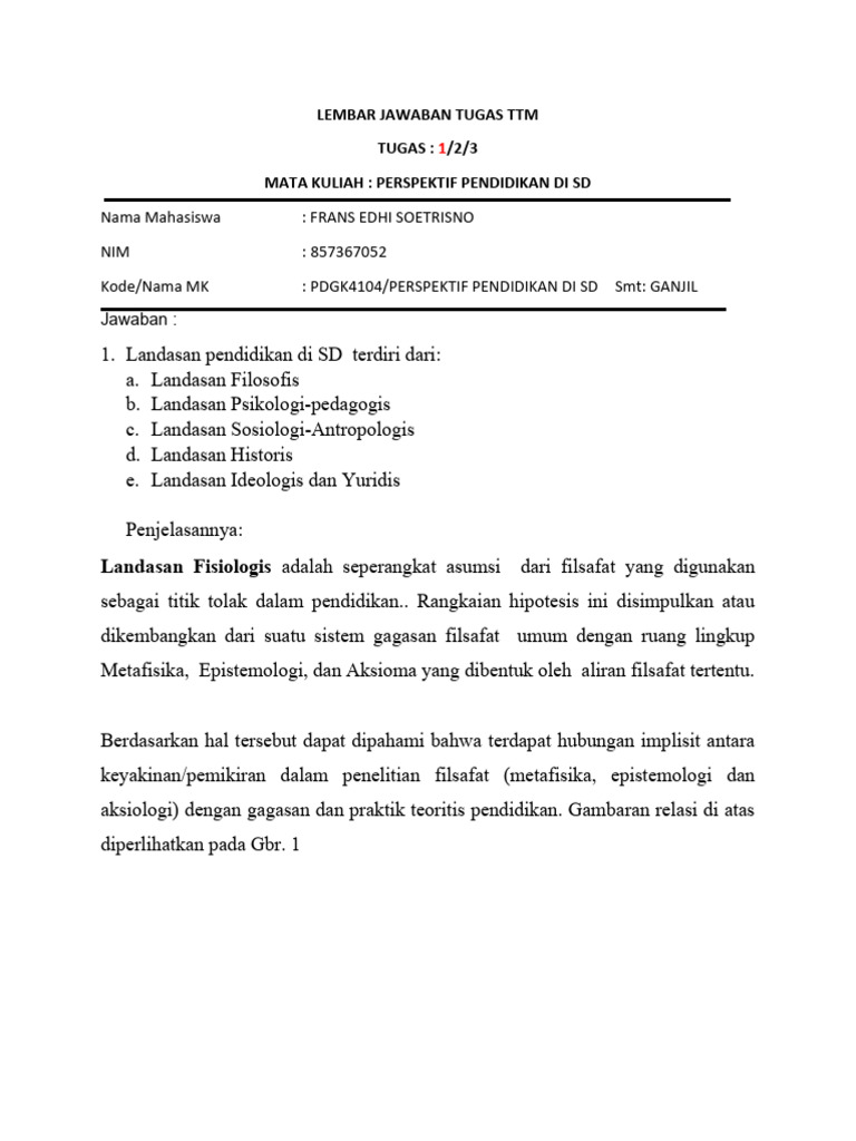LEMBAR JAWABAN TUGAS 1 TTM Perspektif Pendidikan Di SD | PDF | Sains & Matematika