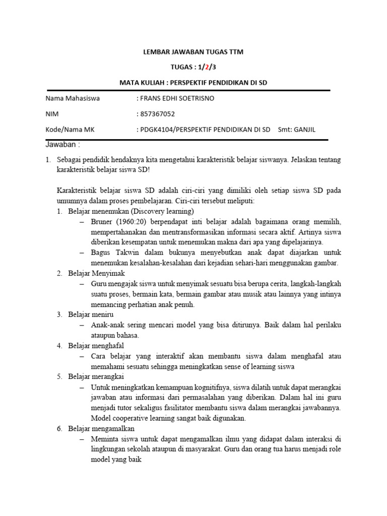 LEMBAR JAWABAN TUGAS TTM 2 Perspektif Pendidikan Di SD Oleh FRANS EDHI 857367052 | PDF | Karier ...