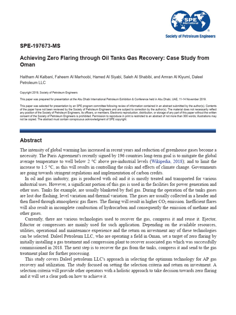 SPE-197673-MS Achieving Zero Flaring Through Oil Tanks Gas Recovery - Case Study From Oman ...