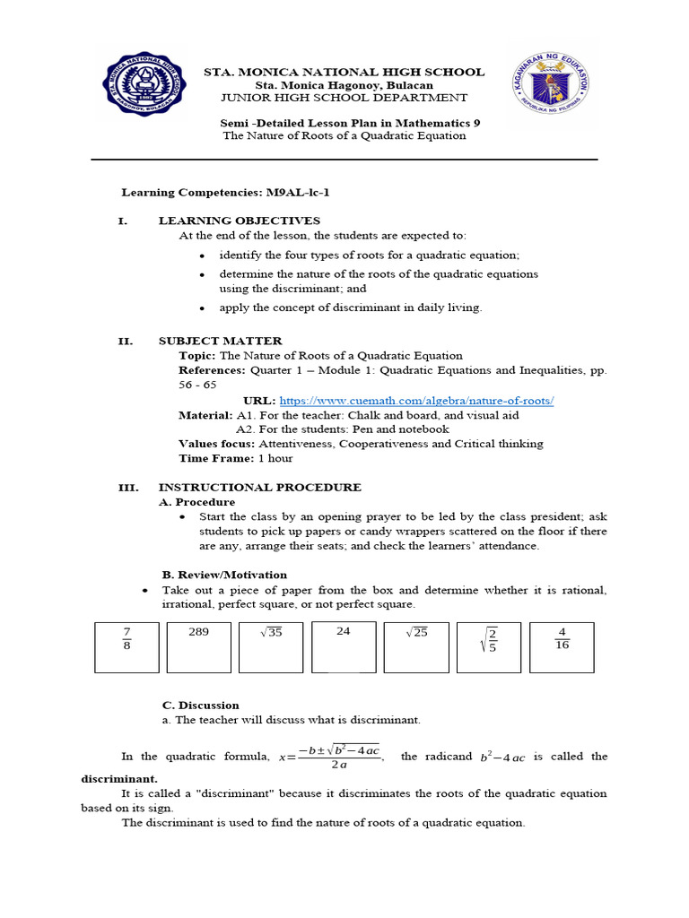 SDLP - The Nature of Roots of A Quadratic Equation | PDF | Quadratic Equation | Equations