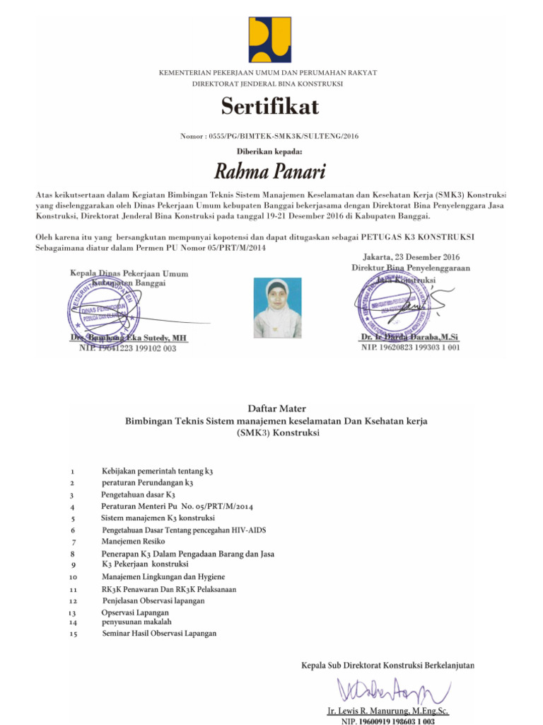 Sertifikat k3 Rahma Panarii | PDF