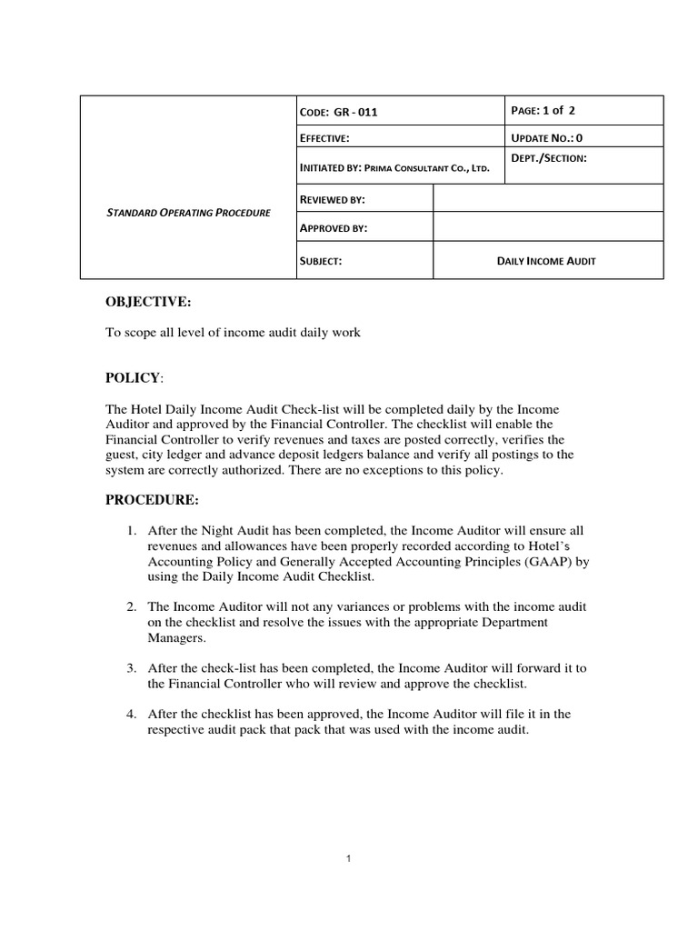 SOP GR 011 Daily Income Audit | PDF | Audit | Accounting