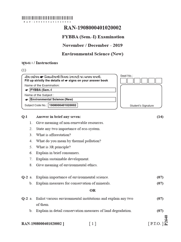 FYBBA (Sem.-I) Examination Nov - Dec.-2019 Enviro. Science (New) | PDF ...