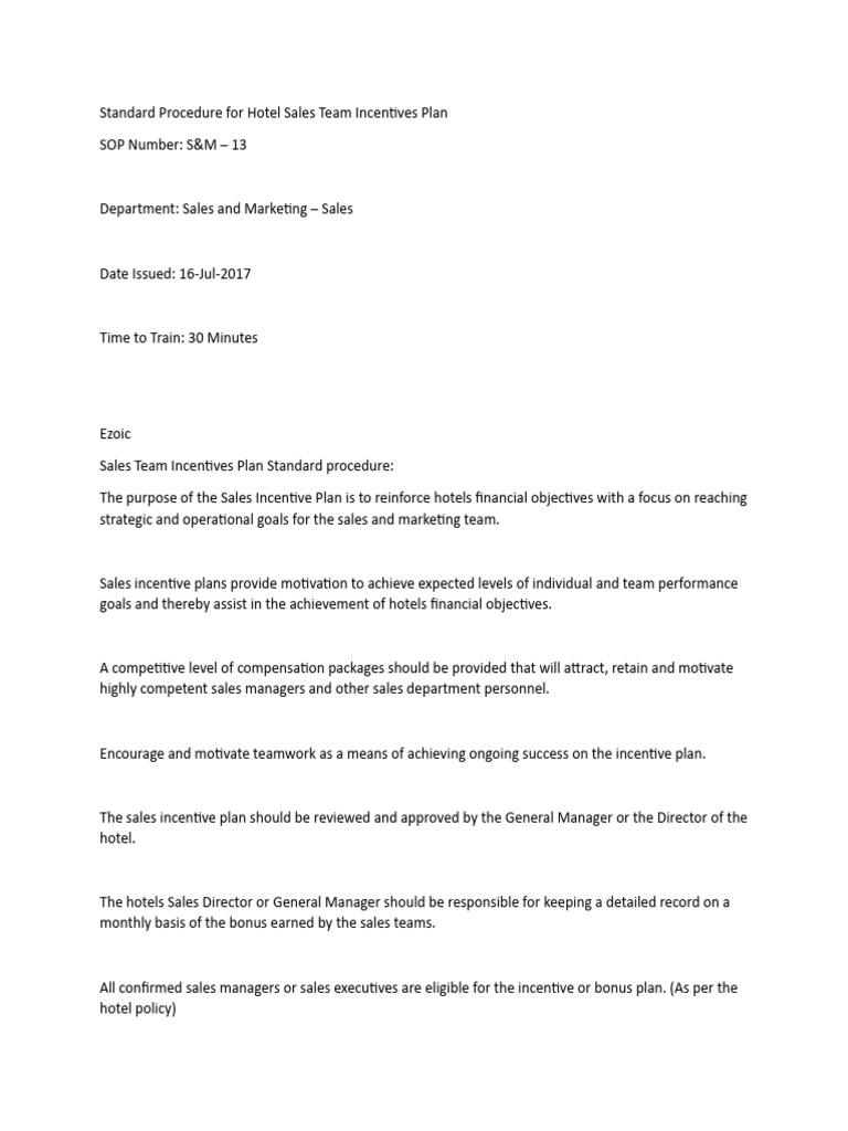 Standard Procedure For Hotel Sales Team Incentives Plan | PDF ...