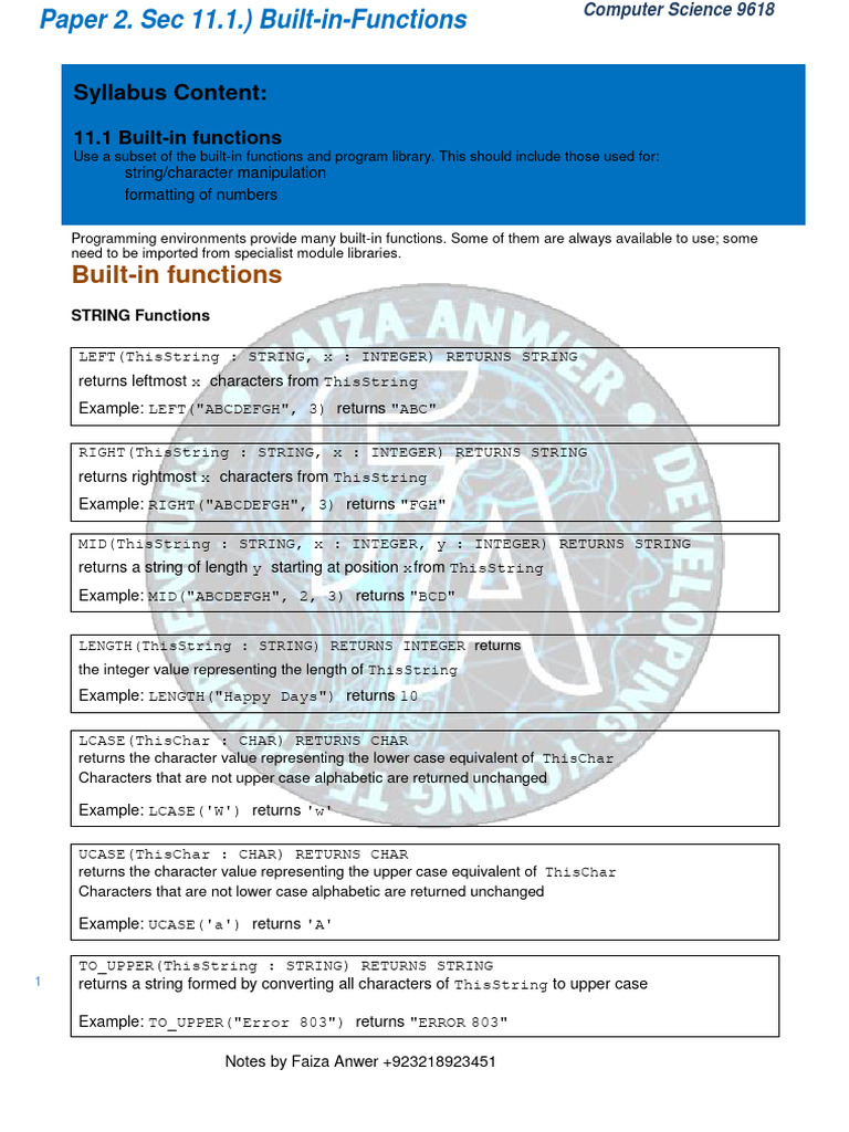 11.1 Built in Functions (PSEUDOCODE) | PDF | Boolean Data Type | String (Computer Science)