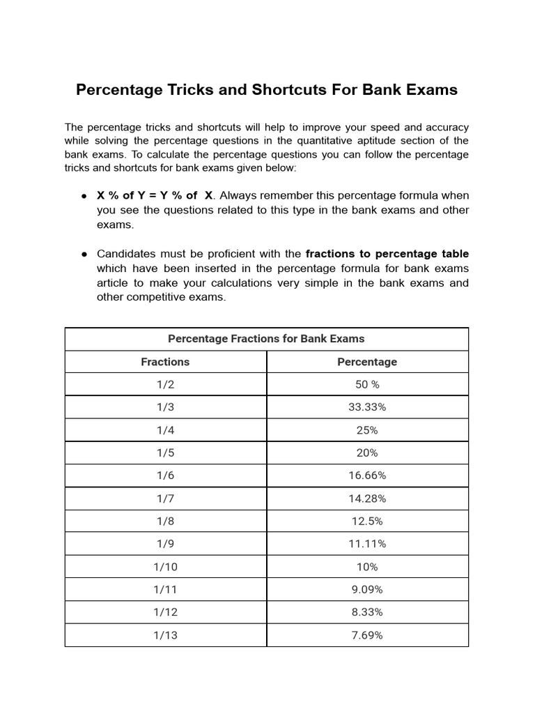 Percentage Tricks and Shortcuts For Bank Exams: X % of Y Y % of X ...